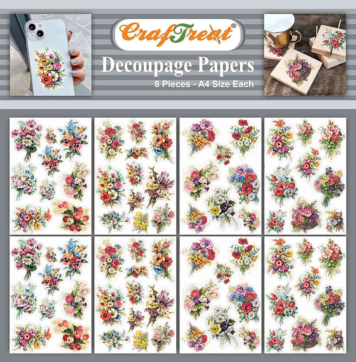 Buy Decoupage Paper Vintage Flower Bouquets A4 (8 pcs) Online ...